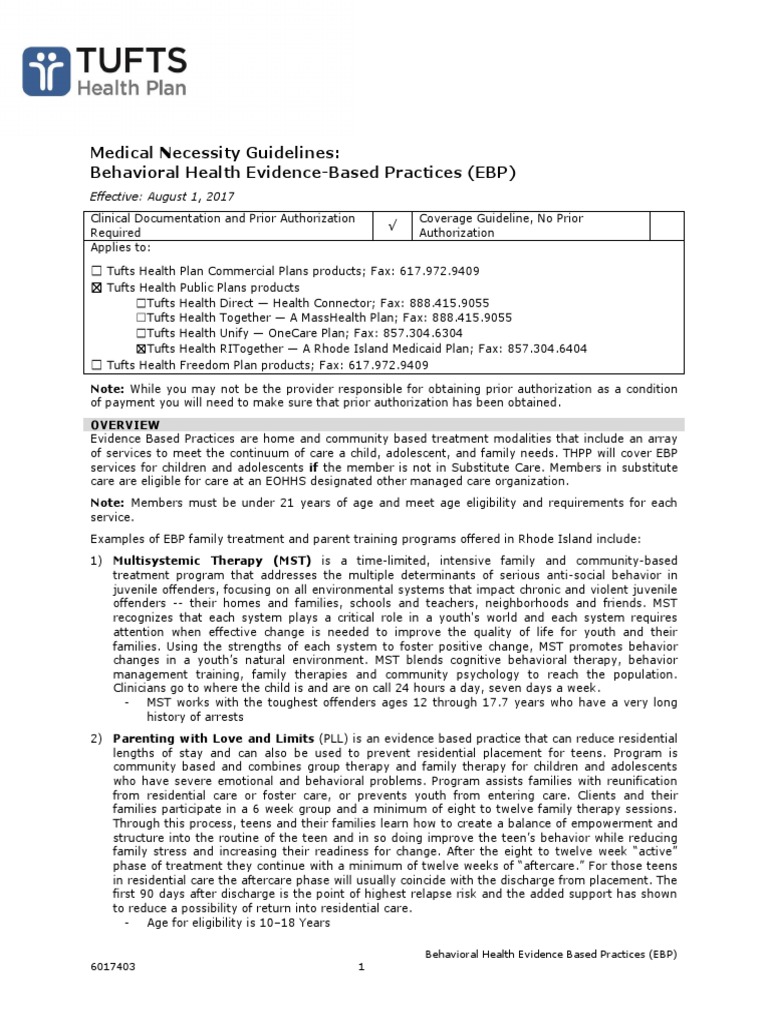 Medical Necessity Guidelines: Behavioral Health Evidence-Based ...