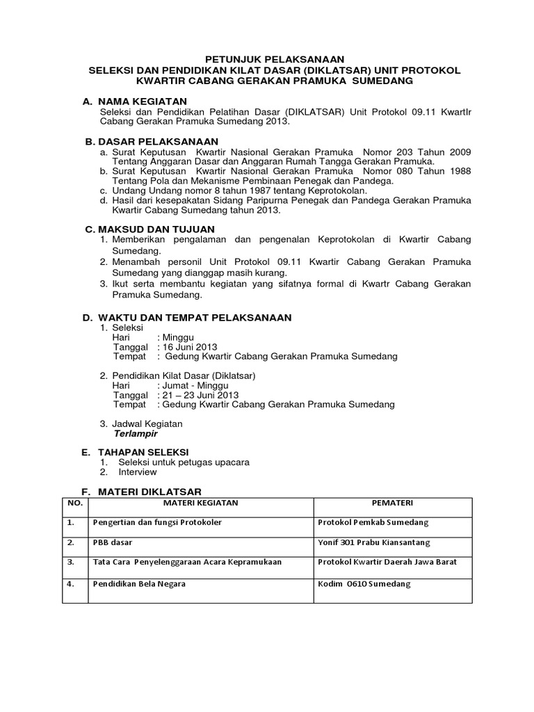 PETUNJUK Pelaksanaan Diklatsar Unit Protokol 0911 | PDF