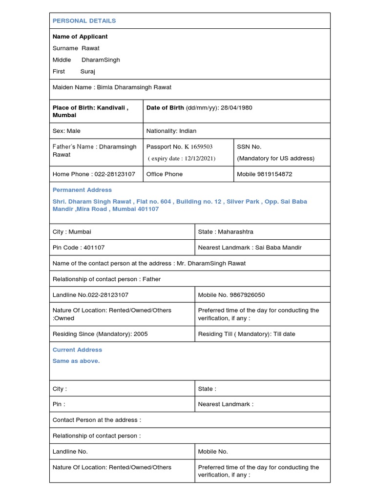 Name of Applicant: Personal Details | PDF | Business