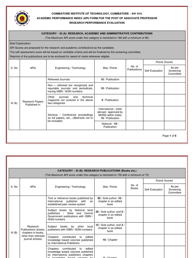 Academic Performance Index API Form For The Post of Associate Professor ...