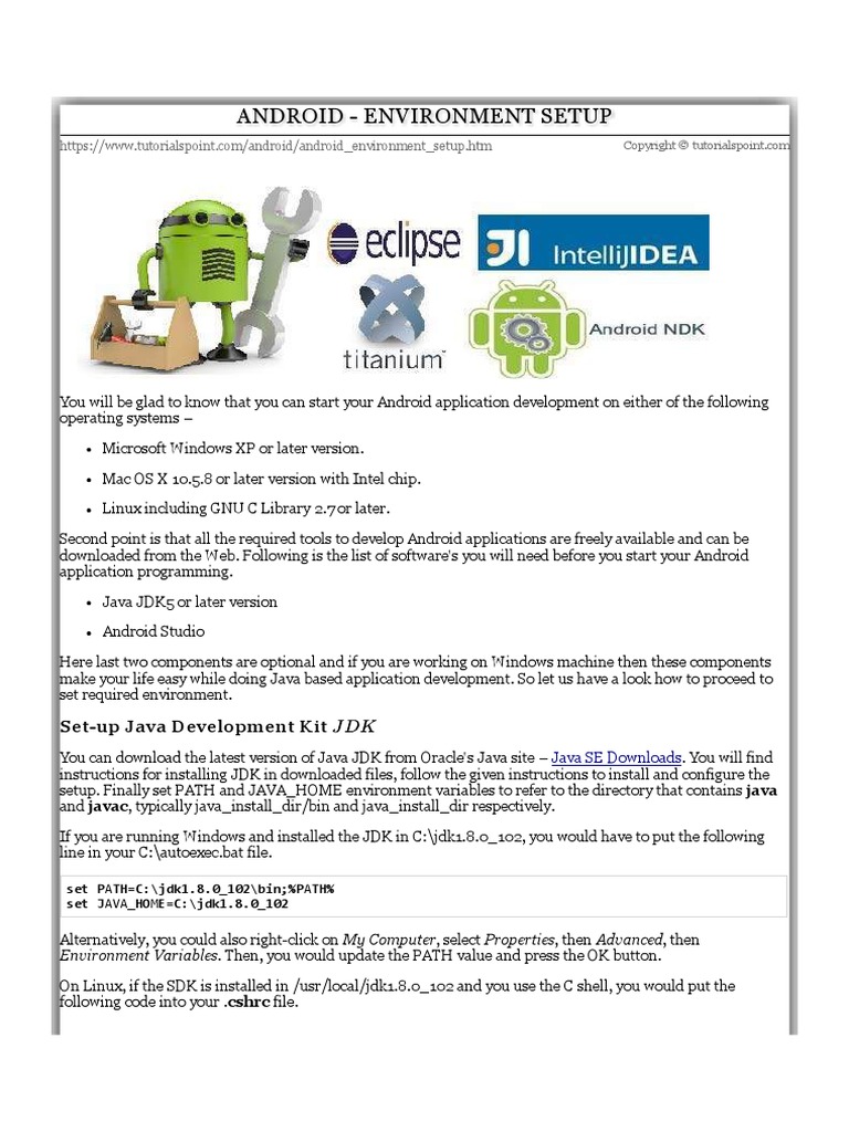 Android Environment Setup Set Up Java Development Kit Pdf 