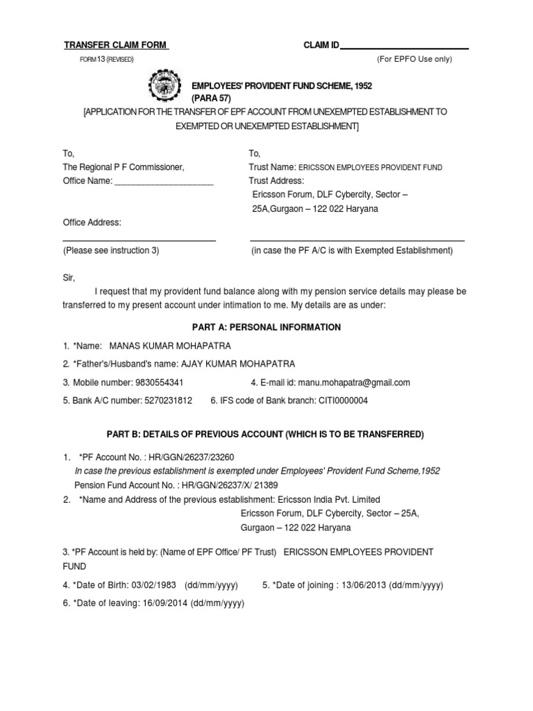 EPF Transfer Claim Form for Ericsson | PDF | Employee Benefits | Pension