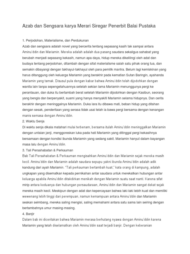 Azab Dan Sengsara Karya Merari Siregar Penerbit Balai Pustaka | PDF