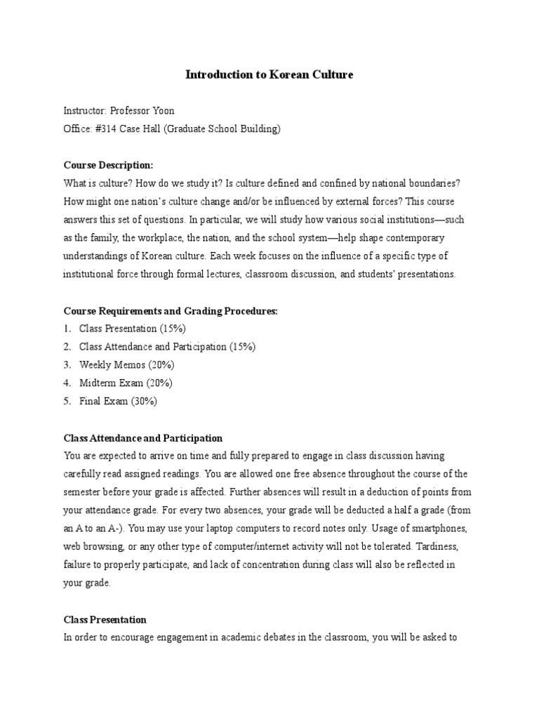 Introduction To Korean Culture: Course Description | PDF | South Korea ...