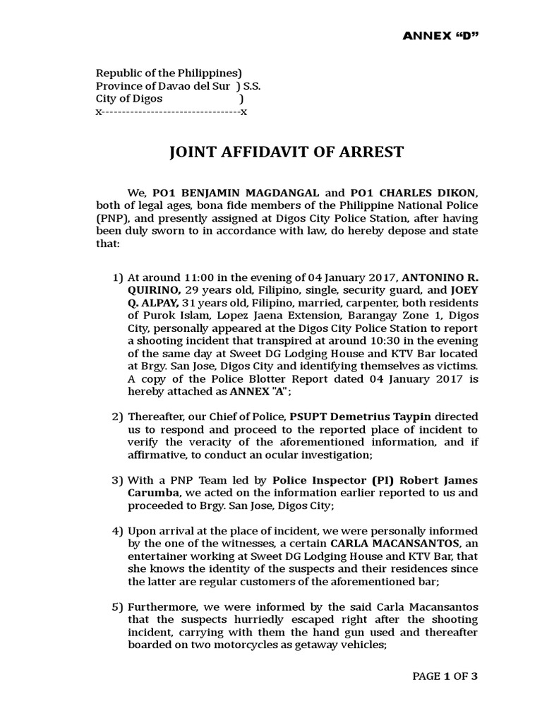 Annex D - Joint Affidavit of Arrest | PDF | Affidavit | Law Enforcement