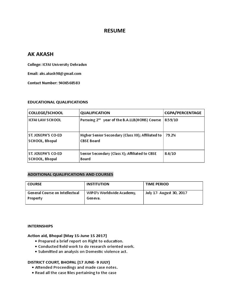 Resume of ICFAI Law Student Ak Akash | PDF