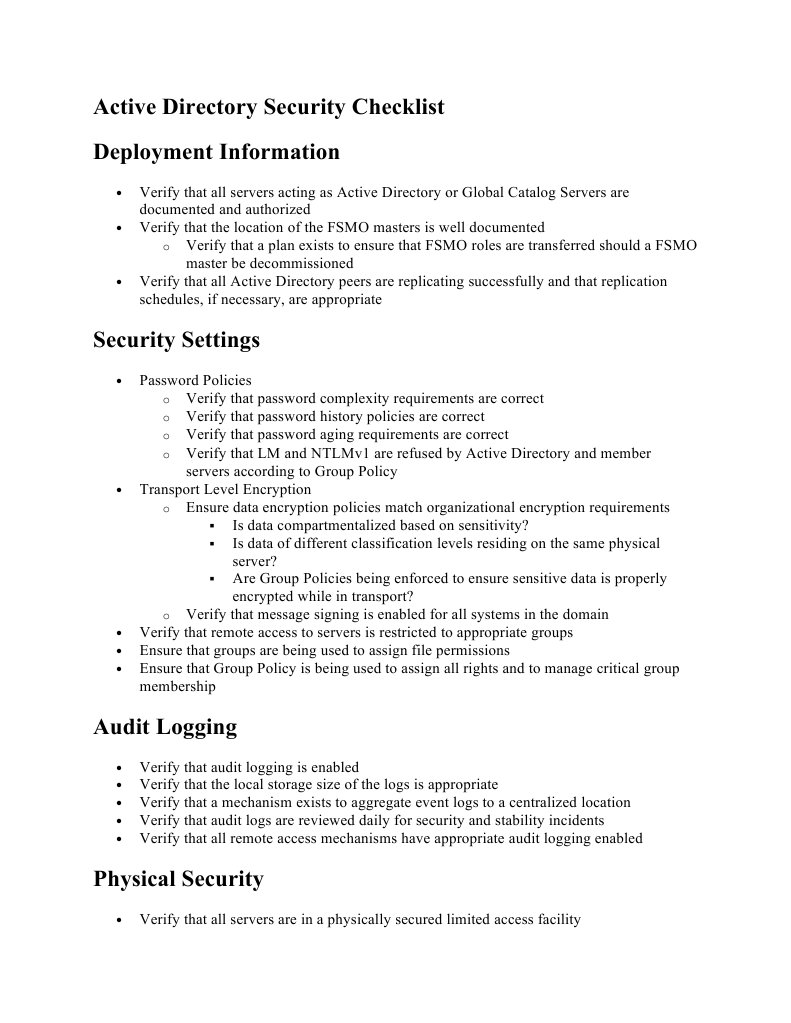 Active Directory Security Checklist Pdf Active Directory Security