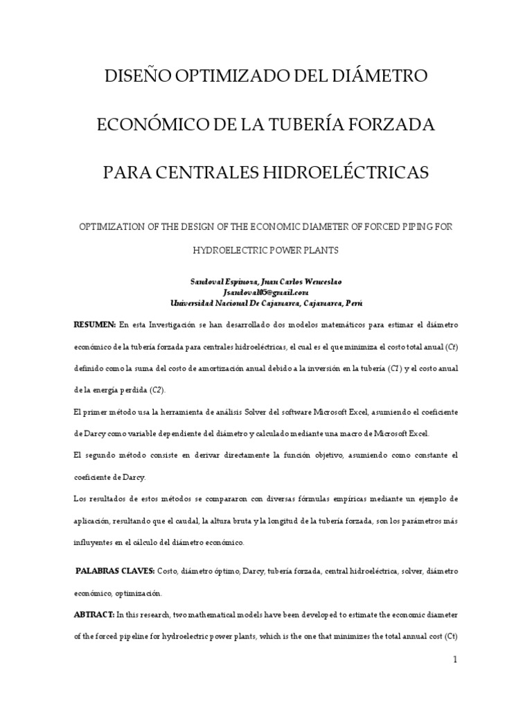 Diseño Optimizado Del Diámetro Económico de La Tubería Forzada para ...