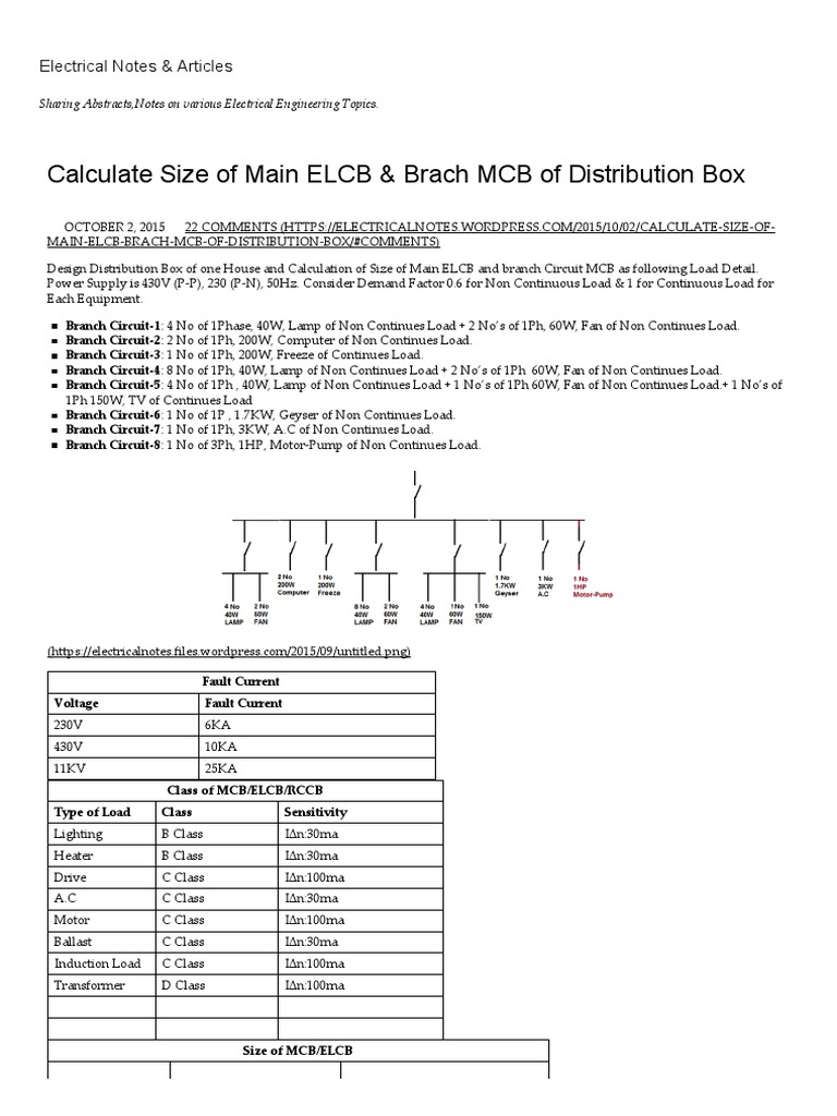 Calculate Size of Main ELCB & Brach MCB of Distribution Box ...