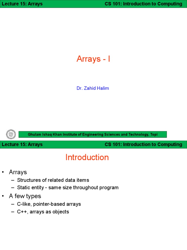 Itc Lect 15 Arrays I Pdf Array Data Structure Array Data Type