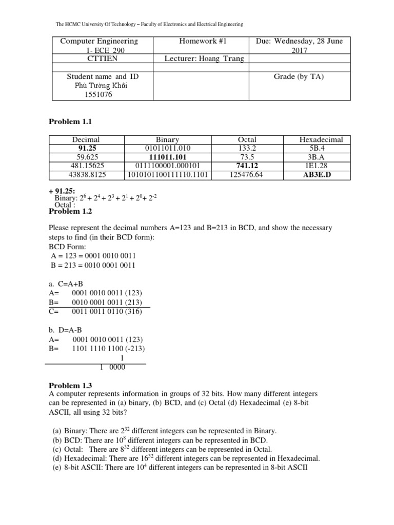 ECE290 Computer Engineering 1 HW01 | PDF | Binary Coded Decimal ...