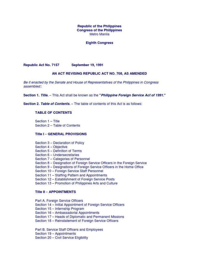 Philippine Foreign Service Act of 1991 | PDF | Diplomatic Rank | United ...