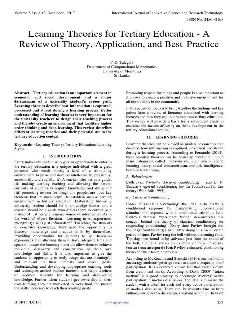 Learning Theories For Tertiary Education A Review of Theory Application ...
