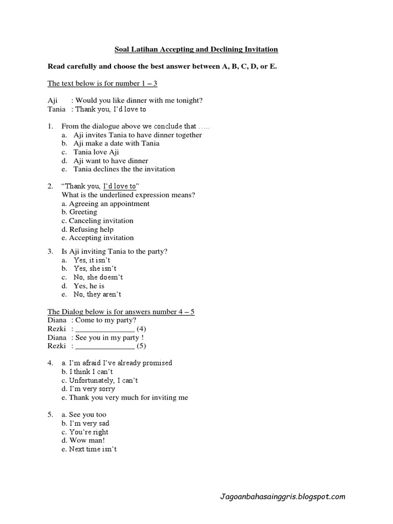 Soal Latihan Accepting and Declining Invitation | PDF