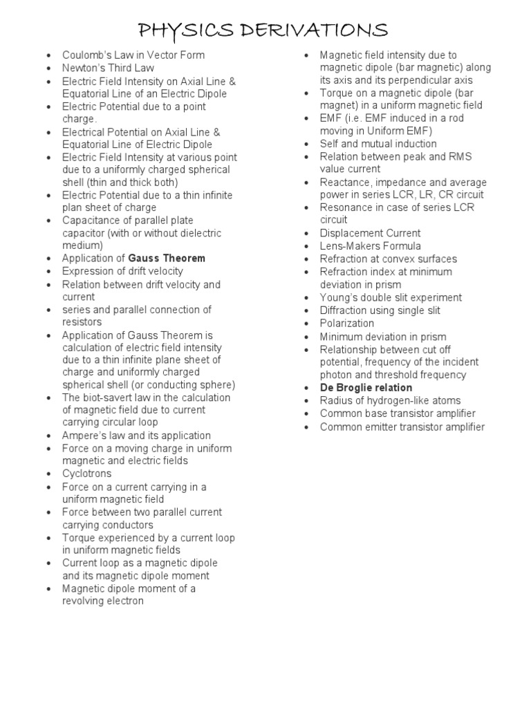 Class 12 Physics Derivation From All Lesson | PDF | Dipole | Magnetic Field