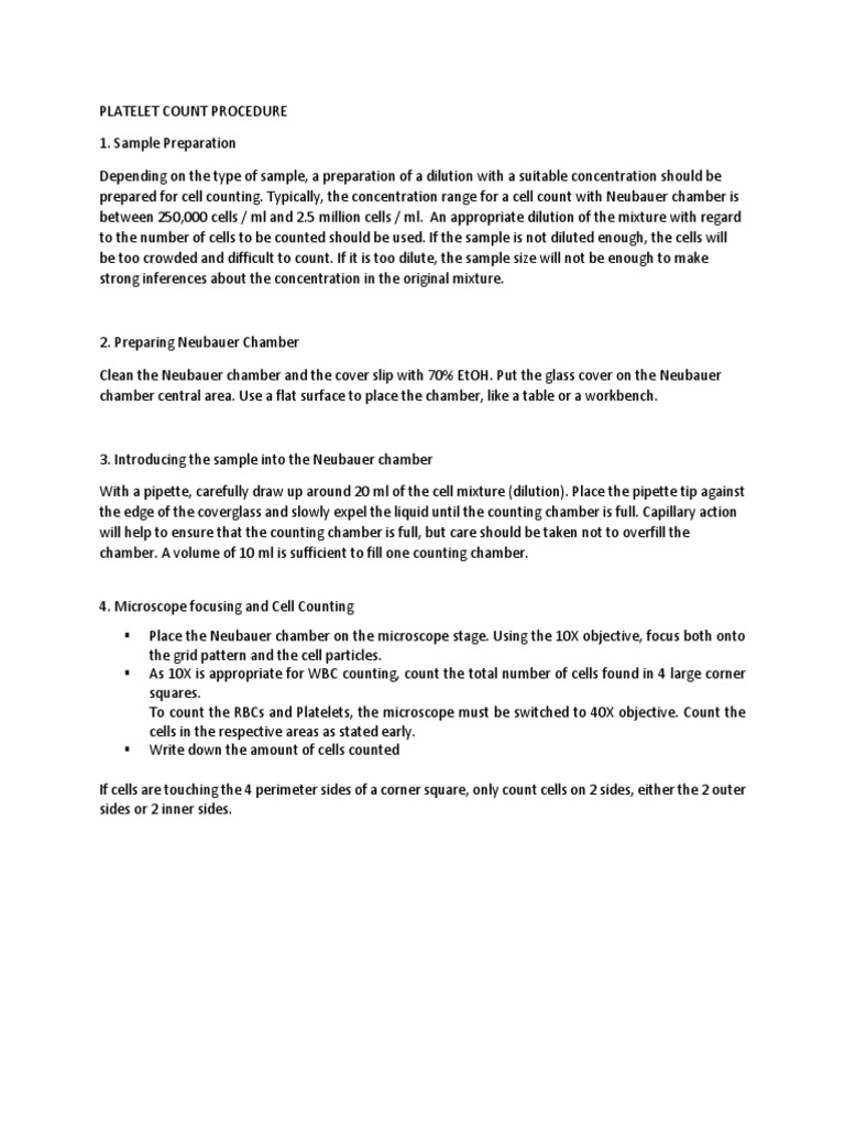 Platelet Count Procedure | PDF | Platelet | Red Blood Cell