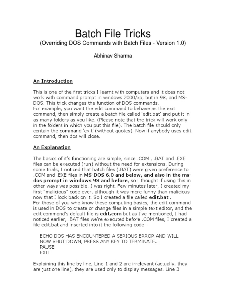 Batch File Tricks: (Overriding DOS Commands With Batch Files - Version 1.0) | Download Free PDF ...