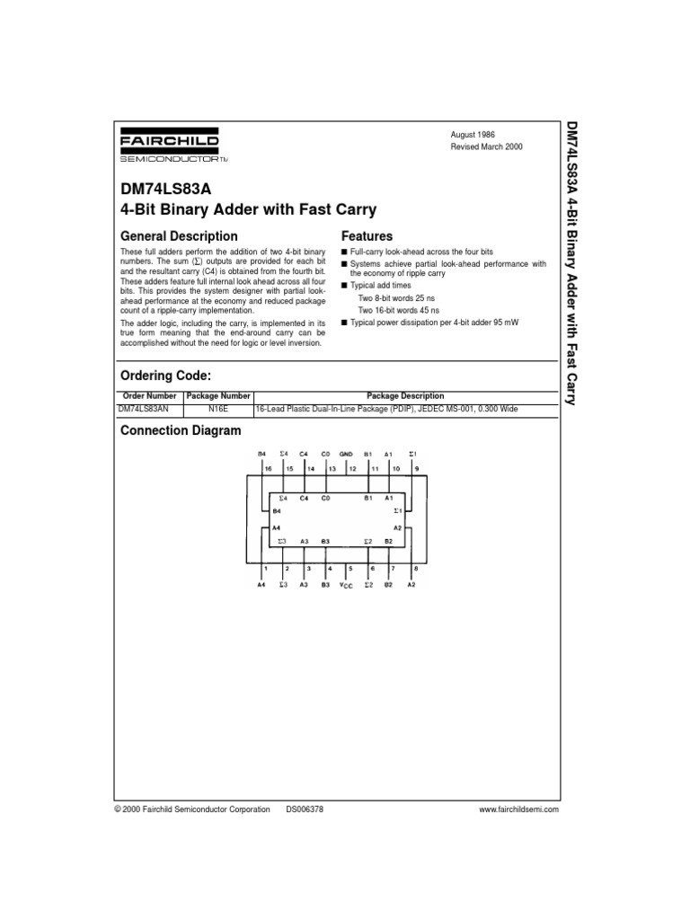 Datasheet 74ls83 Full Adder | Bit | Electrical Engineering