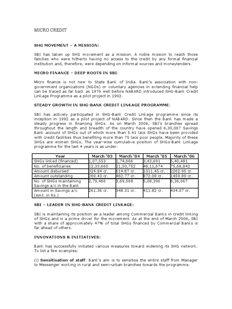 Micro Credit: SHG Movement - A Mission | PDF | Banking | Banks