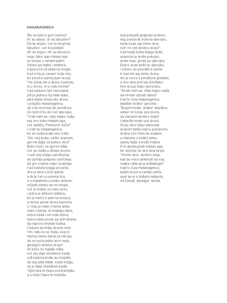 Hasanaginica Tekst Balade