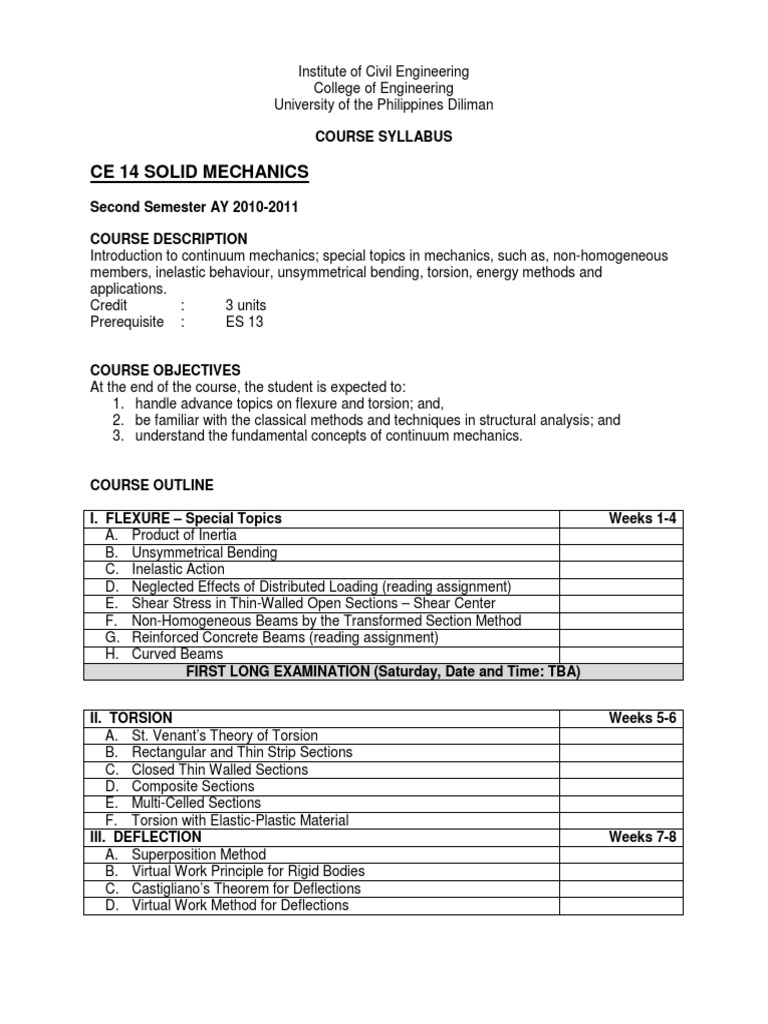 CE 14 Solid Mechanics Syllabus | PDF | Beam (Structure) | Bending