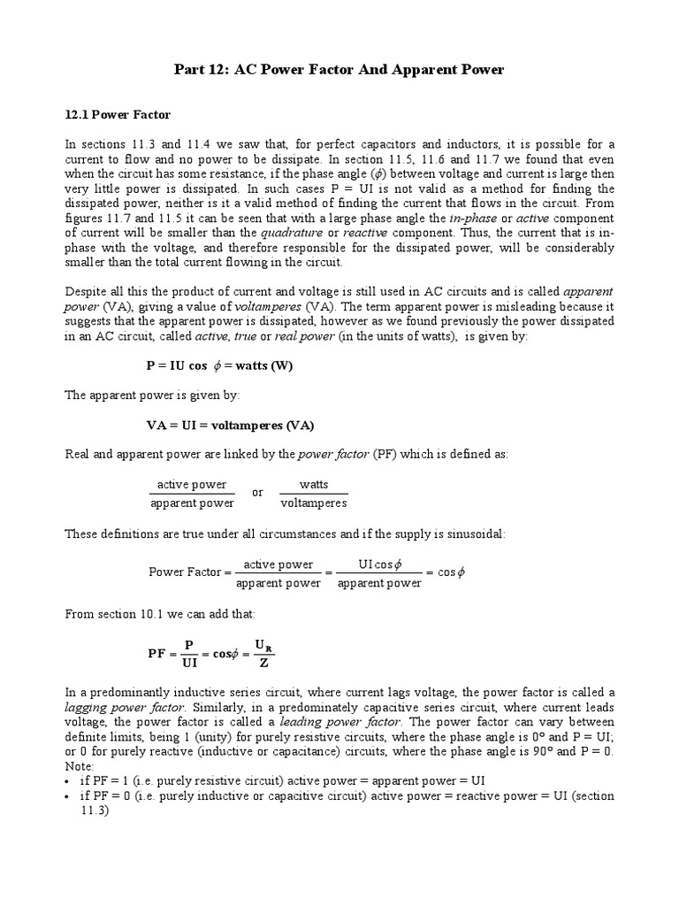 AC Power Factor and Apparent Power PDF | PDF | Ac Power | Capacitor