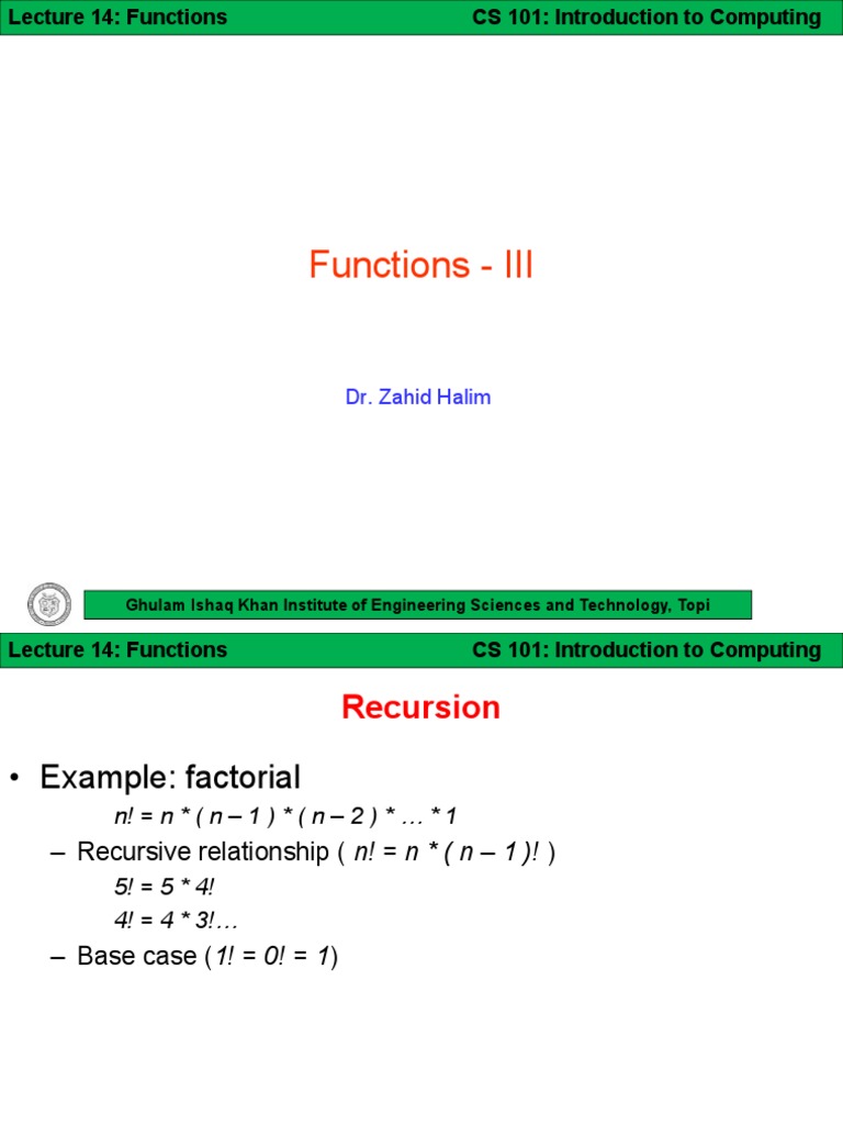 Itc Lect 14 Functions Iii Pdf Parameter Computer Programming Recursion