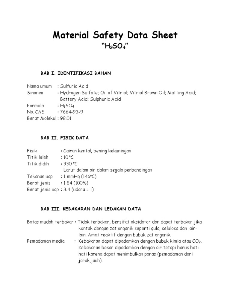 MSDS Asam Sulfat H2SO4 dan Bahayanya | PDF