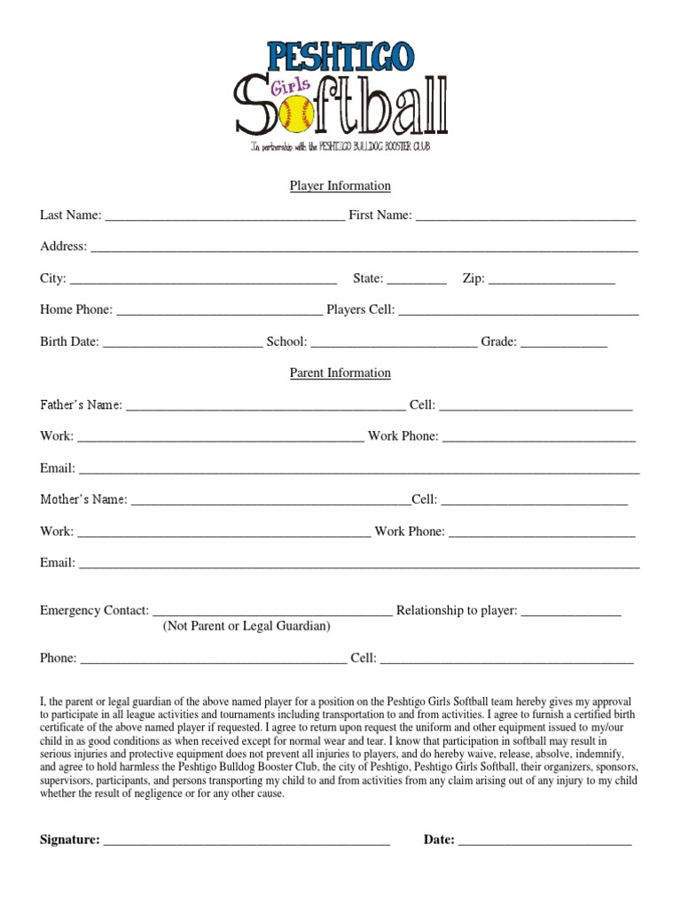 Peshtigo Girls Softball Registration Form | PDF | Legal Guardian | Virtue