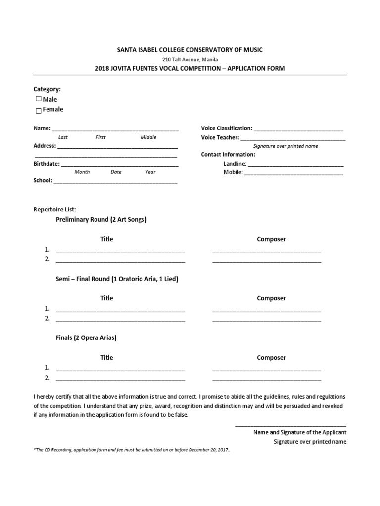 Jovita Fuentes Competition Application Form | PDF | Classical Music ...