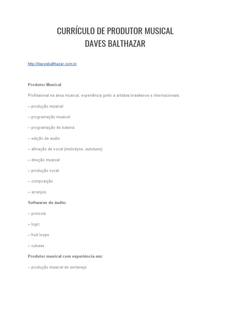Currículo de Produtor Musical Daves Balthazar | PDF | Rock (música) | Vídeo