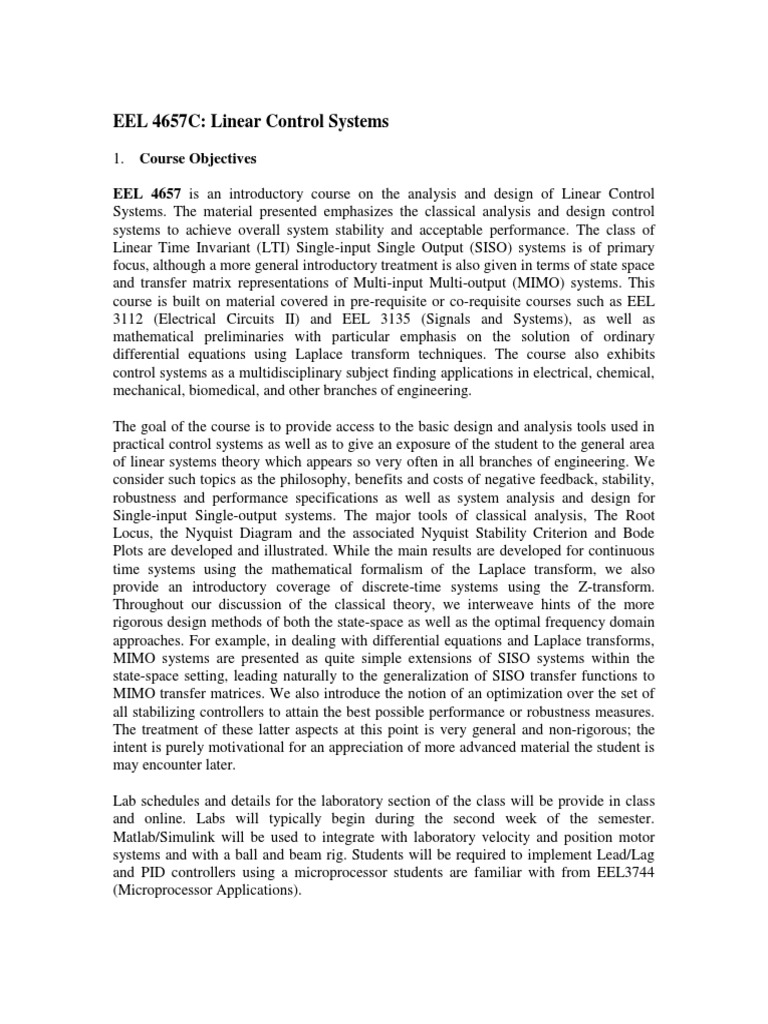 EEL 4657 Linear Control Systems | PDF | Control Theory | Laplace Transform