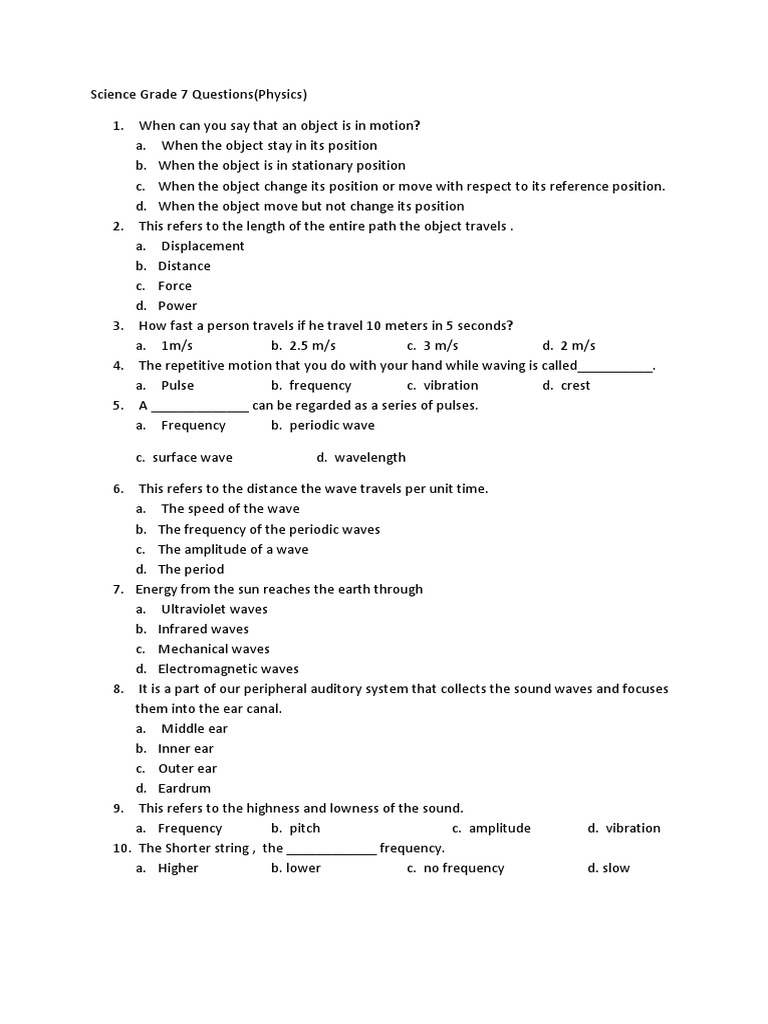Science Grade 7 Questions Waves Frequency