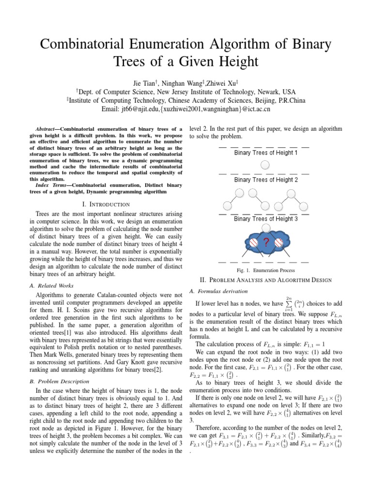 Combinatorial Enumeration Algorithm Of Binary Trees Of A Given Height Pdf Computational