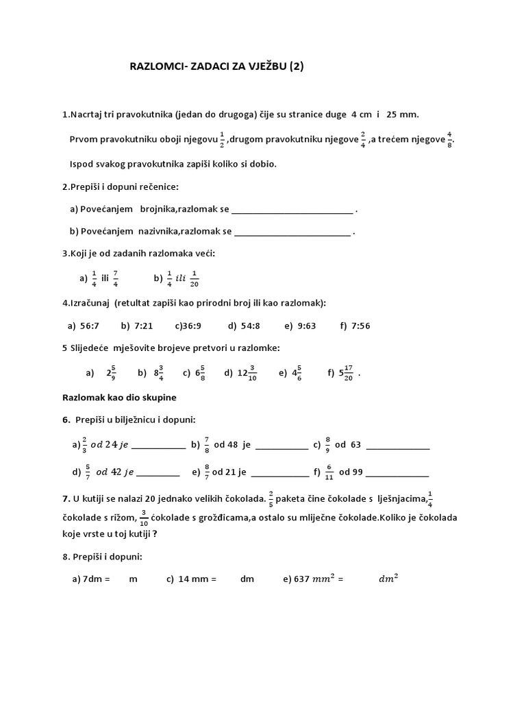 Razlomci-Zadaci Za Domaću Zadaću 5.razred | PDF