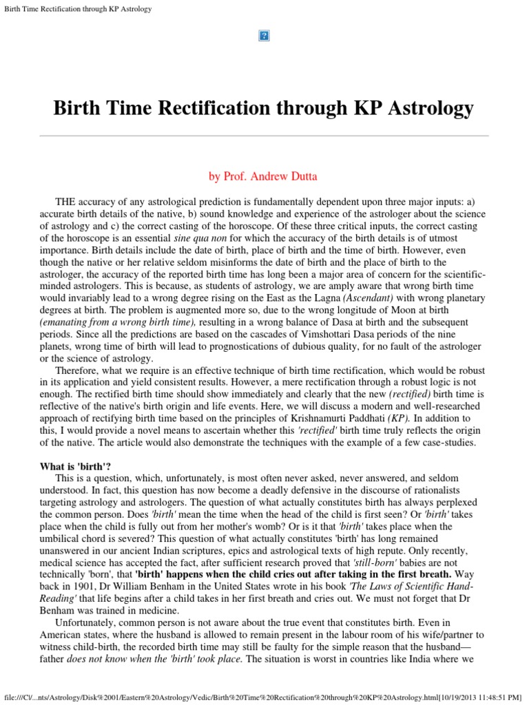 Birth Time Rectification Through KP Astrology | PDF | Horoscope | Astrology