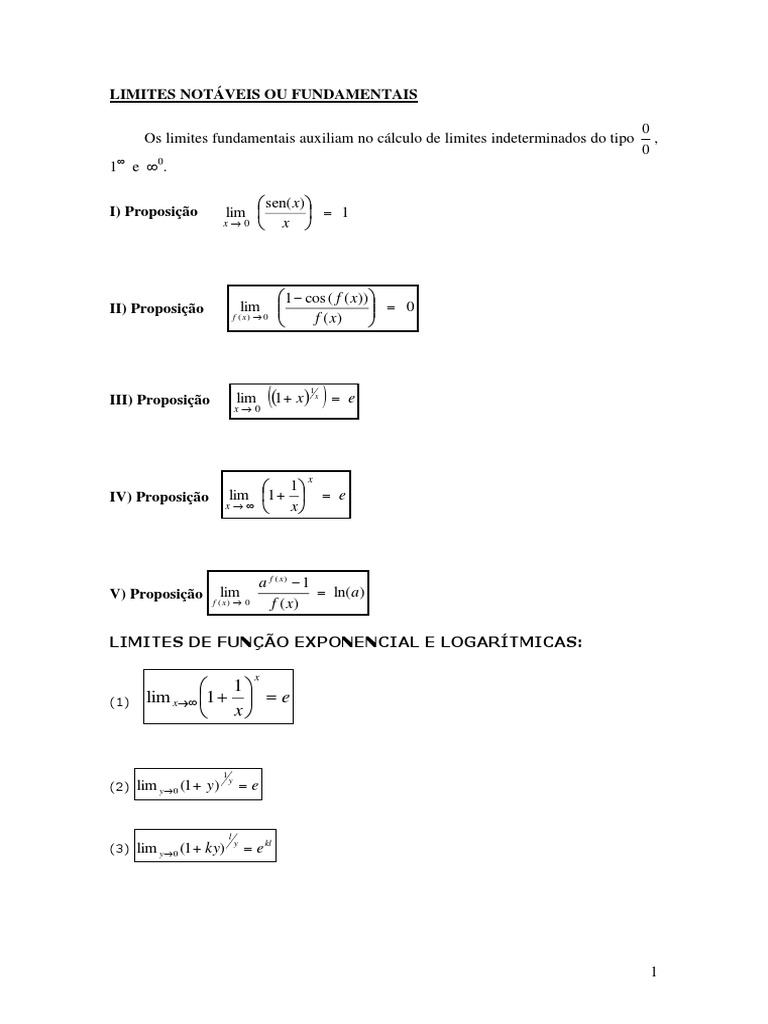 Lista Limites Notaveis Trigonometricos e Exponenciais PDF | PDF ...
