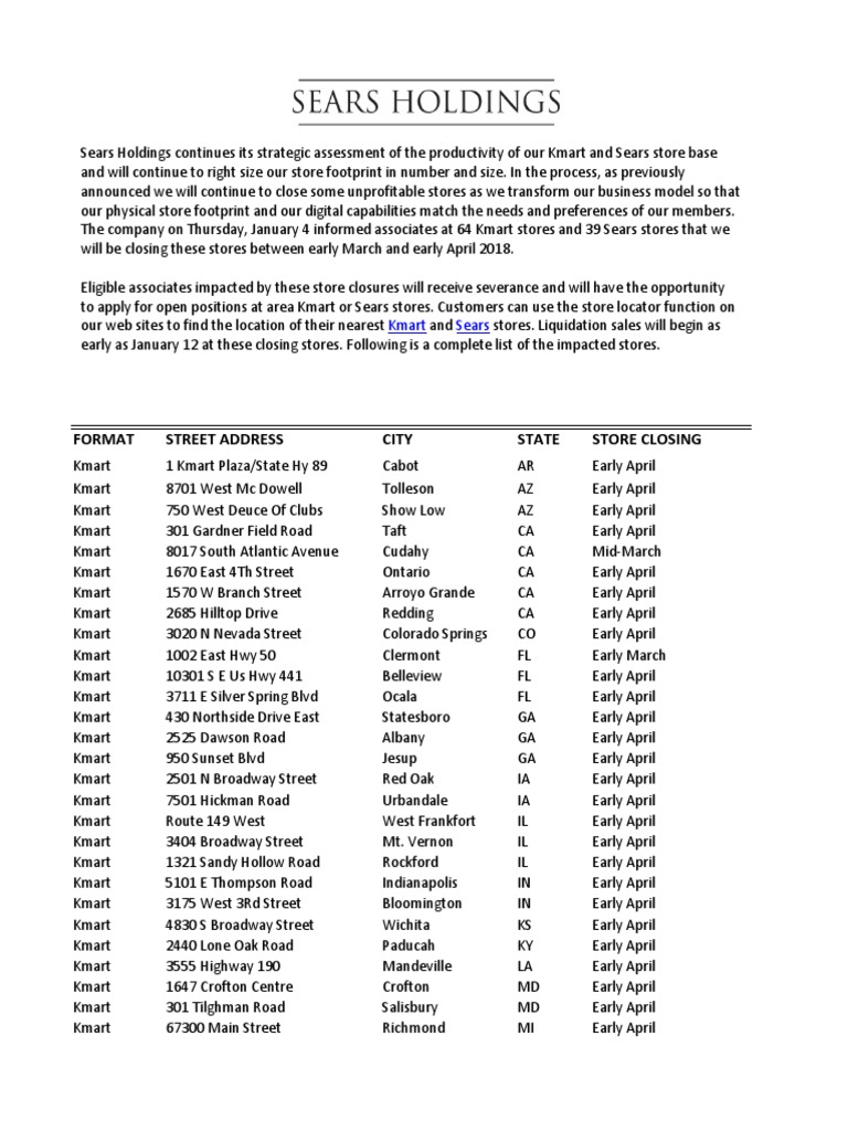 Sears & Kmart Store Closing List | PDF | Financial Services Companies ...