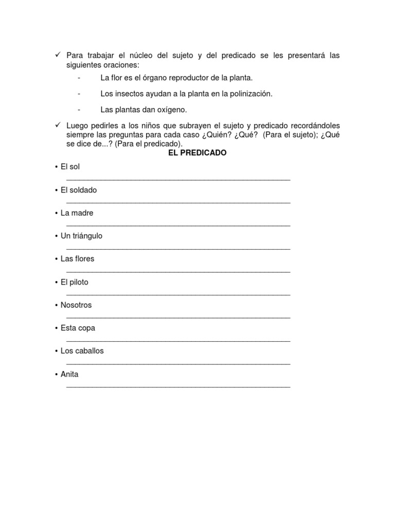 Hoja De Trabajo De Sujeto Y Predicado Compuesto