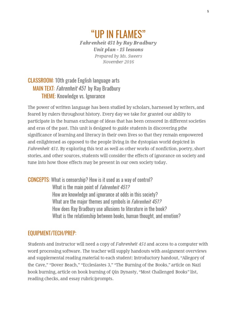Unit Plan Fahrenheit 451 | PDF | Narration | Essays