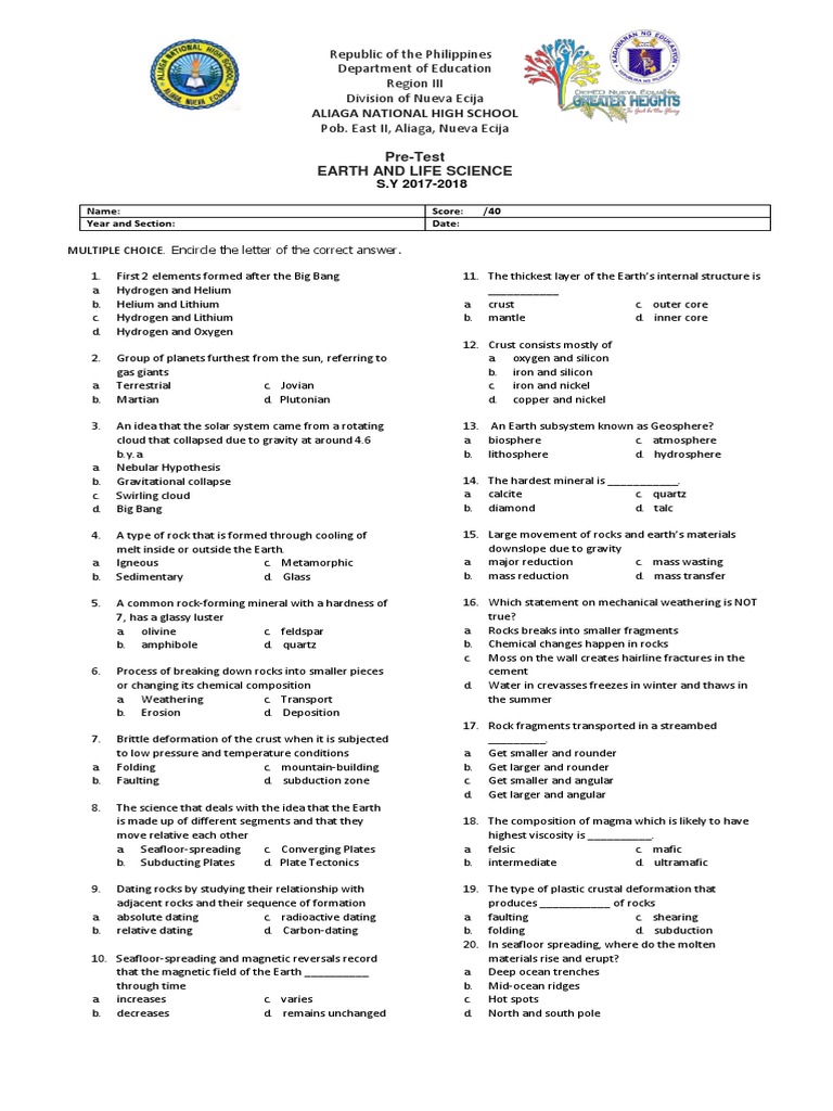 Pre-Test Earth and Life Science | PDF | Plate Tectonics | Earth