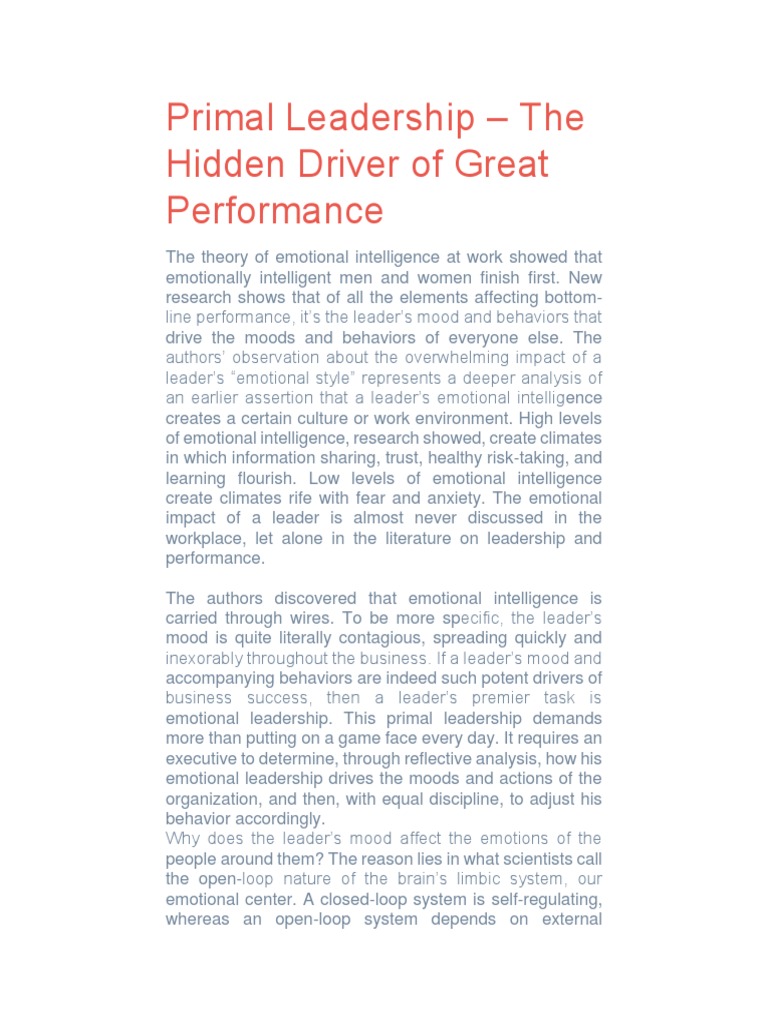 Primal Leadership - The Hidden Driver of Great Performance | PDF ...