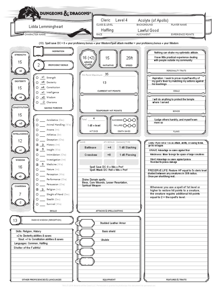 Character Sheet - Lidda | Fantasy Role Playing Games | Role Playing Games