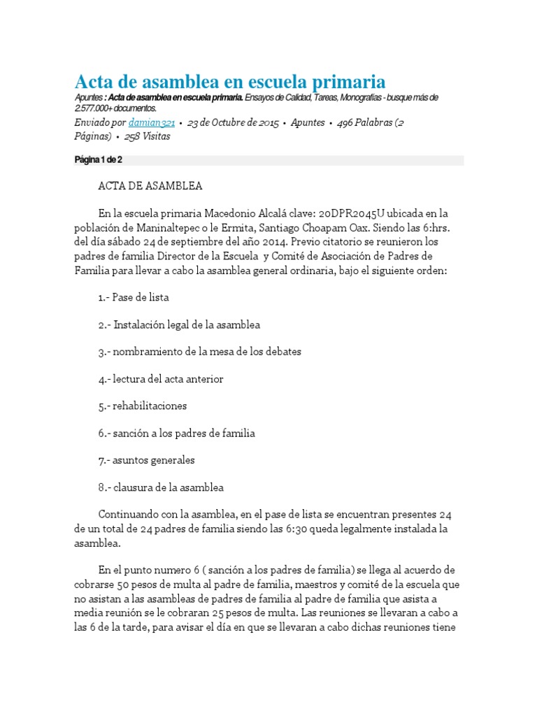 Acta de Asamblea en Escuela Primaria