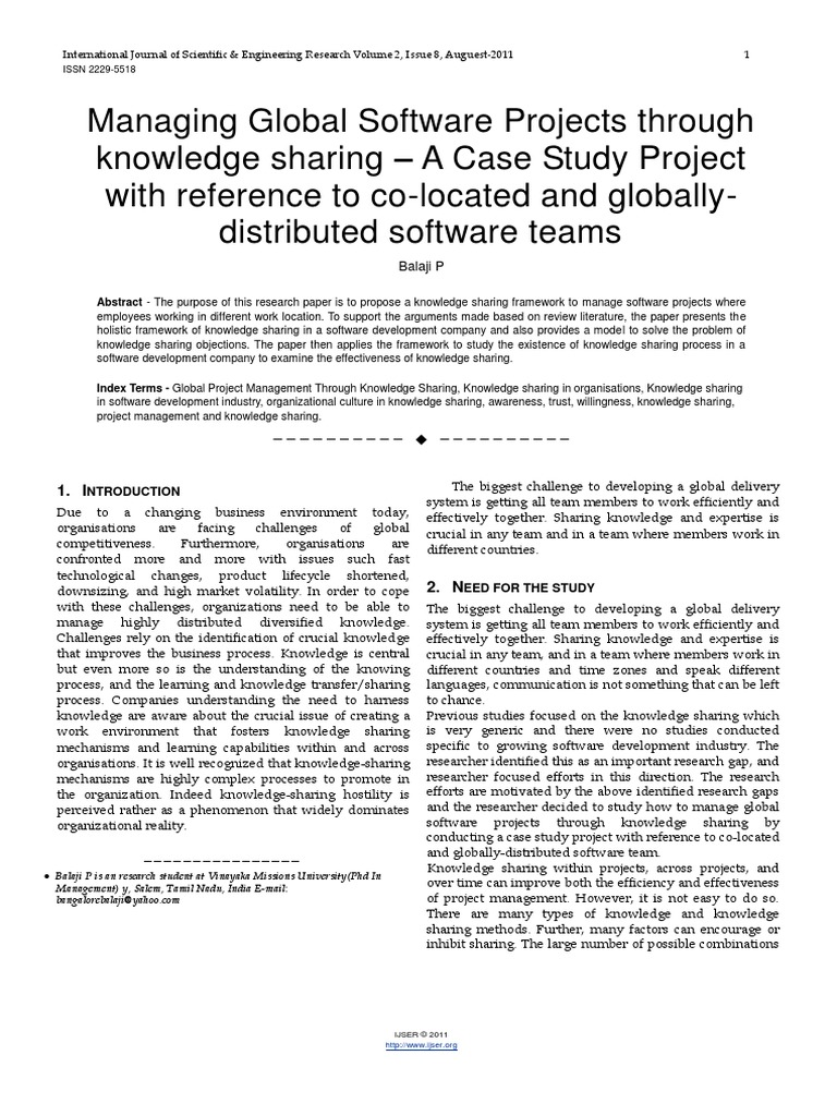 Managing Global Software Projects Through Knowledge Sharing - A Case Study Project With ...
