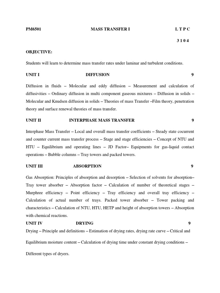 Pm6501 Mass Transfer I Syllabus | PDF | Mass Transfer | Crystallization