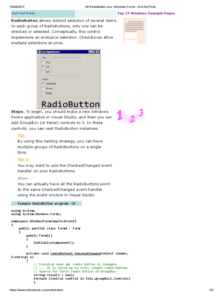 C# RadioButton Use - Windows Forms - Dot Net Perls | Download Free PDF | C Sharp (Programming ...