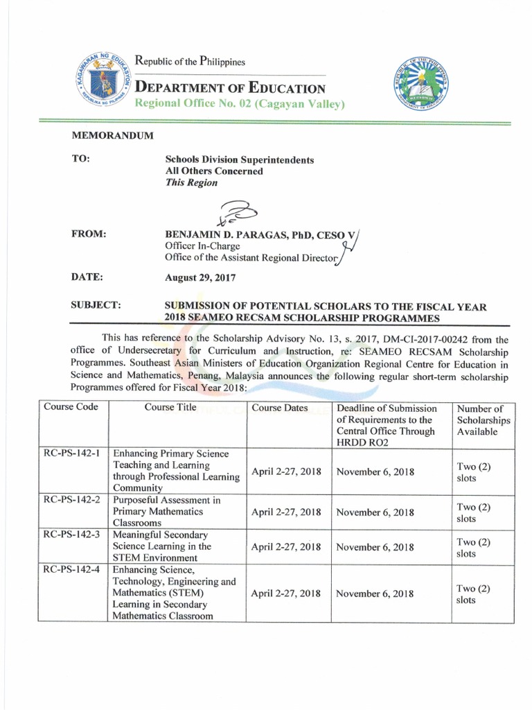 2018 Seameo Recsam Scholarship Programmes | PDF