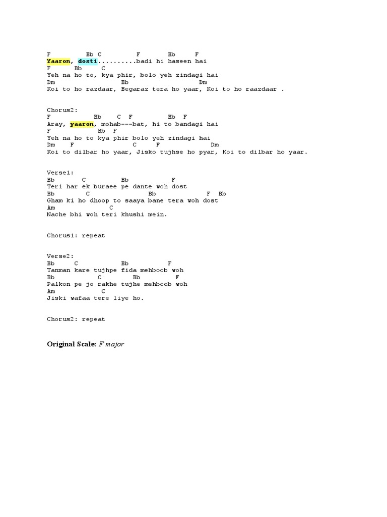 Yaaron Dosti Lyrics and Chords | PDF | Art