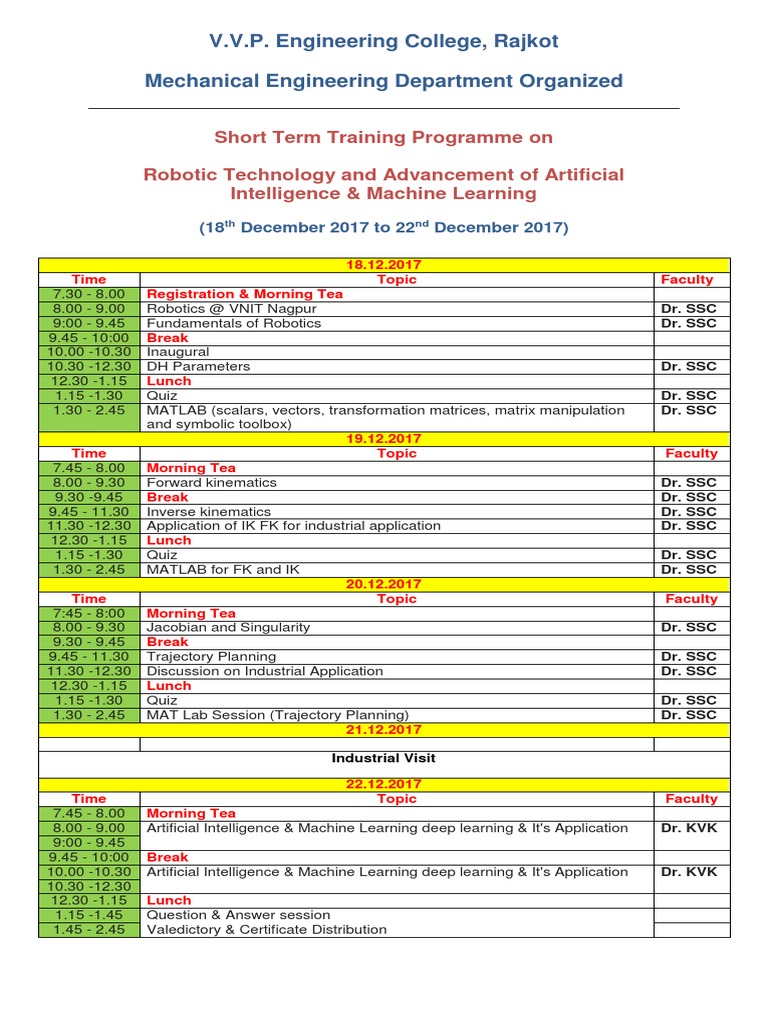 Final Schedule STTP 2017 F | PDF | Kinematics | Robotics